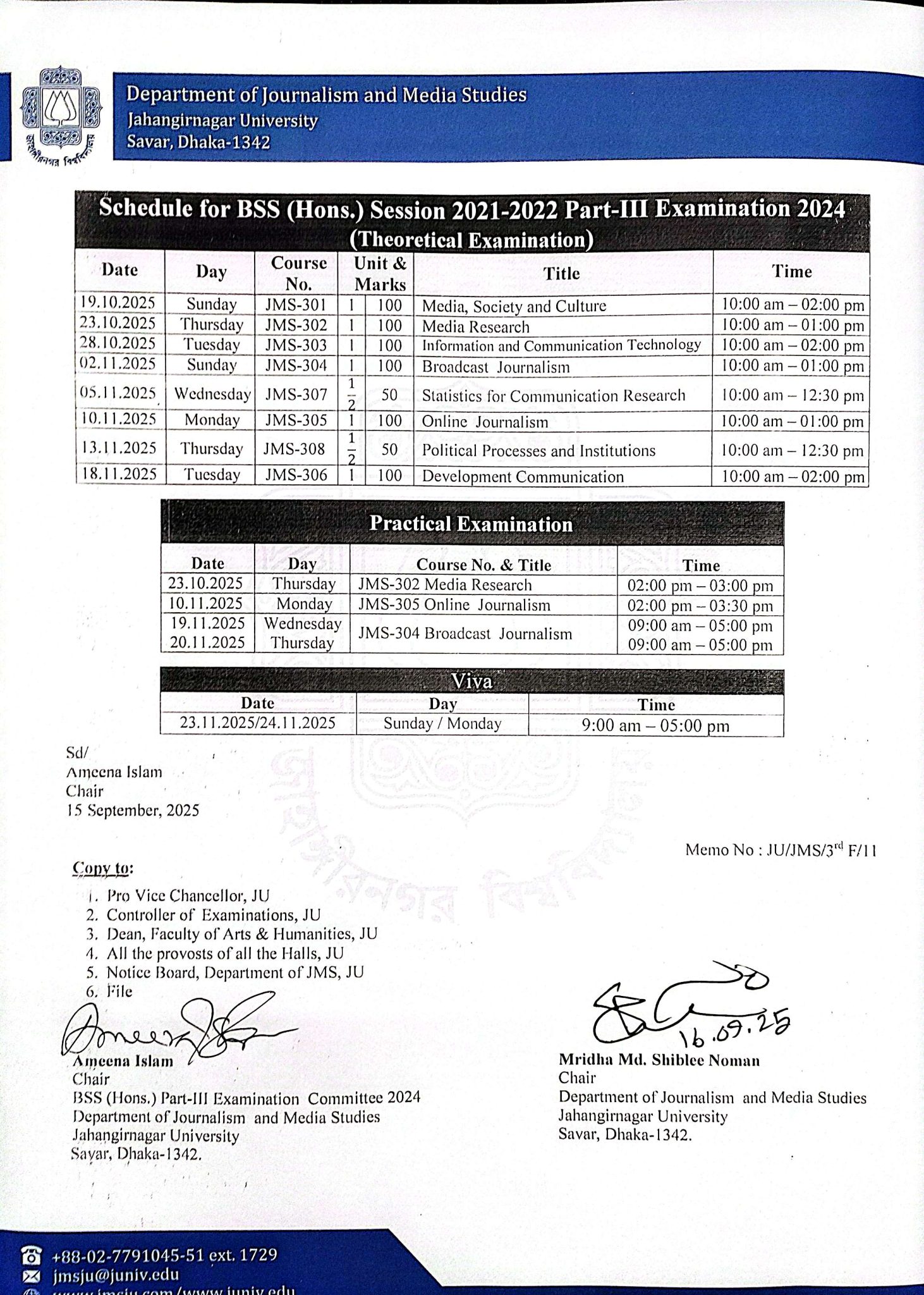 Schedule for BSS (Hons.) Session 2021-2022 Part -III Examination 2024 – JMS – Jahangirnagar ...
